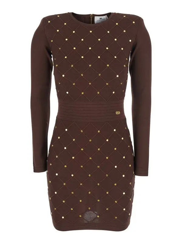 Elisabetta Franchi Diamond Quilted Wool Dress With Embellishments - Brown