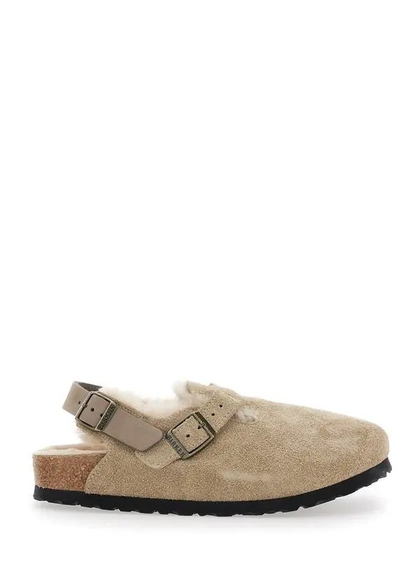 BIRKENSTOCK Tokio Suede And Shearling Mules With Engraved Logo - Beige