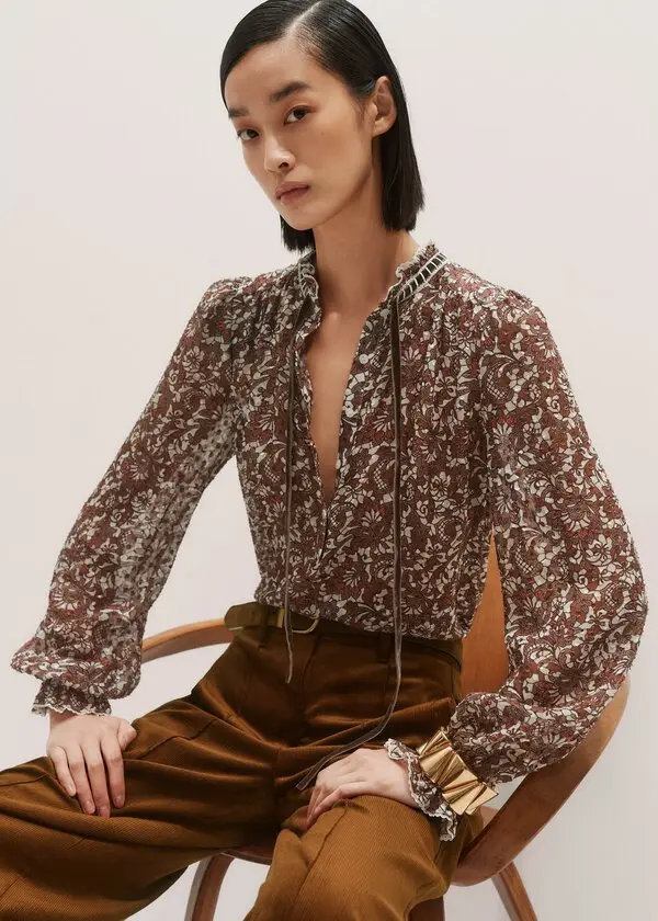 ME+EM Silk Blend Graphic Lace Print Tie Blouse