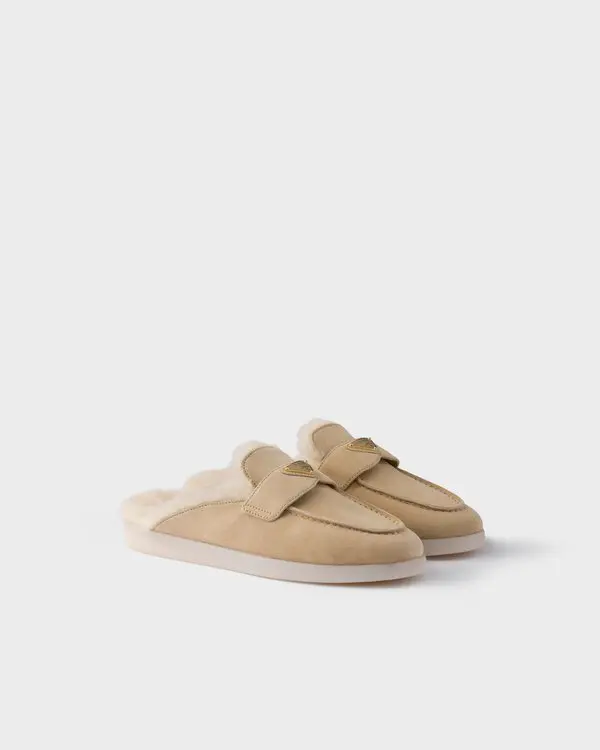 Prada Suede And Shearling Loafers - Ecru