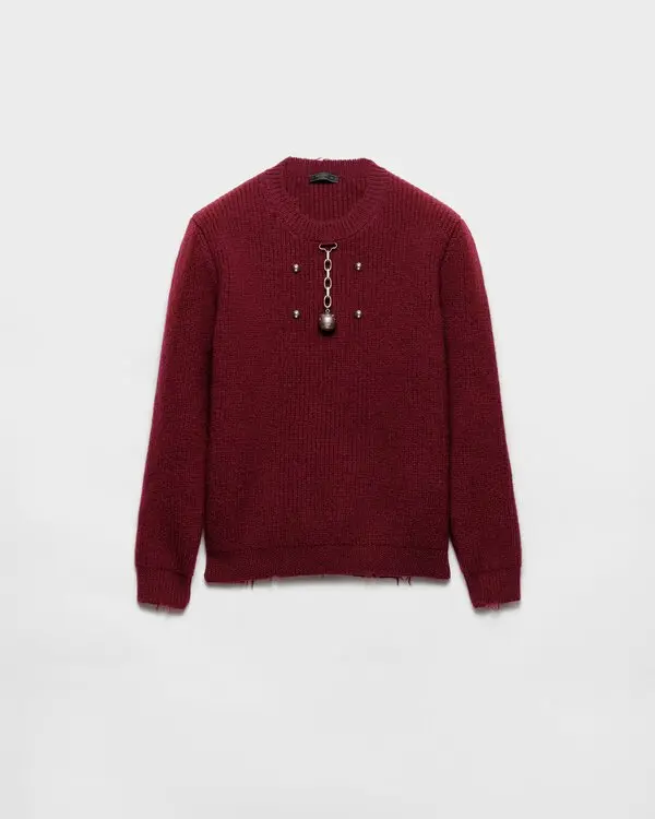 Prada Wool Crew-neck Sweater With Pendant - Amaranth Red/maize Yellow