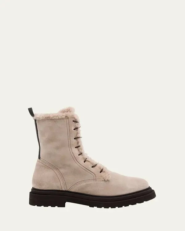Brunello Cucinelli Monili Loop Shearling-lined Combat Boots - Ice