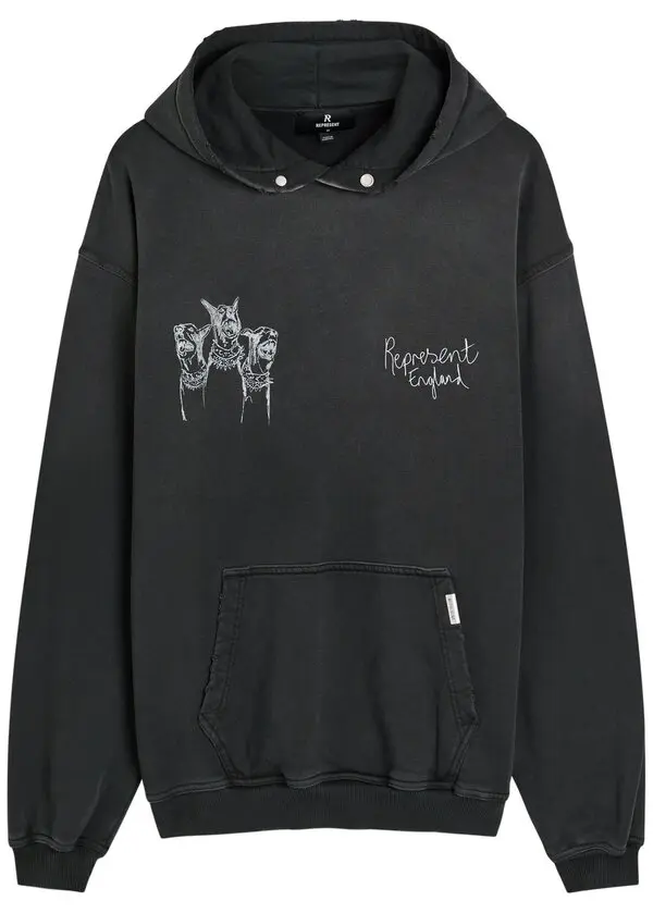 REPRESENT Hand-drawn Thoroughbred Dogs Hooded Cotton Sweatshirt - Black