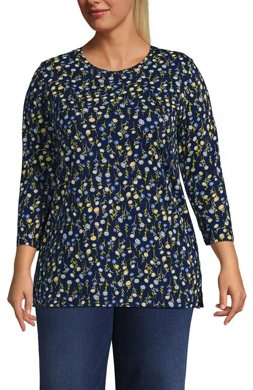 LANDS' END Cotton Supima Tunic - Deep Sea Navy Multi Daisy