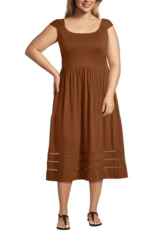 LANDS' END Slub Cap-sleeve Shirred Skirt Midi Dress - Rich Ginger Brown