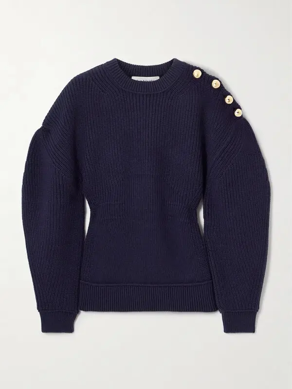 LANVIN Button-detailed Ribbed Wool Sweater - Blue