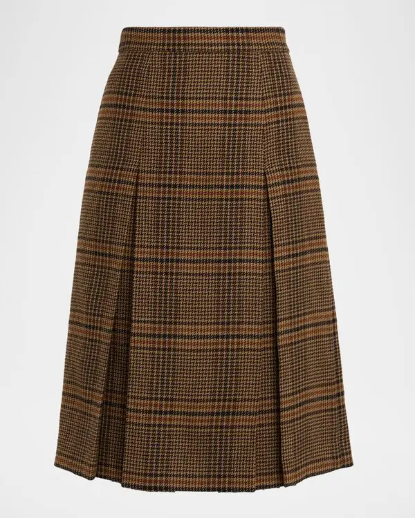 Saint Laurent Houndstooth Pleated Wool-blend Midi Skirt