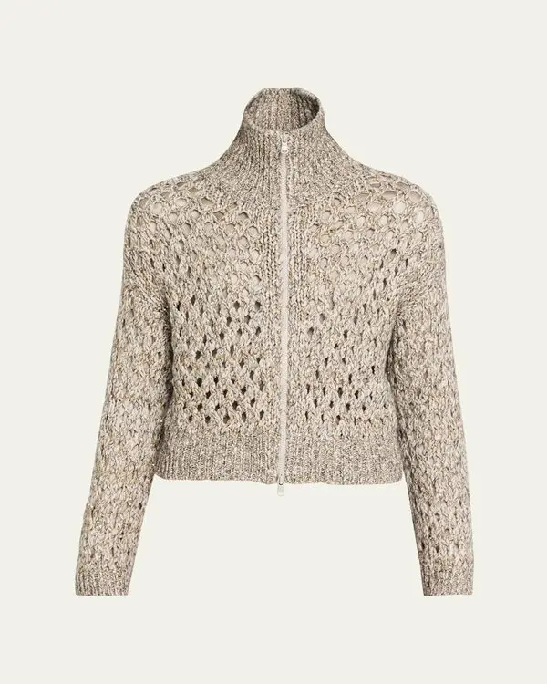 Brunello Cucinelli Paillette Cashmere Mohair Zip Cardigan - White And Grey