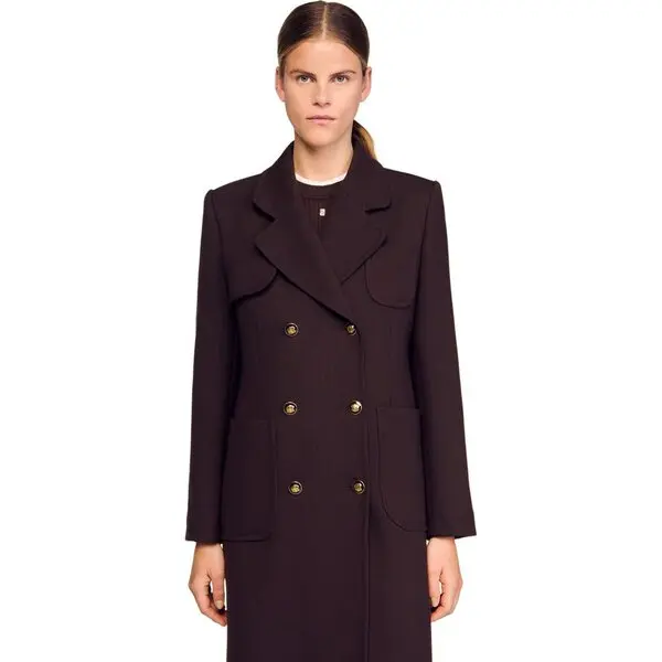 Sandro Long Double-breasted Coat - Brown