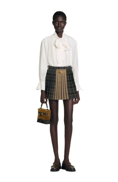 Sandro Check Pattern Pleated Mini Skirt With Buckled Leather Strap
