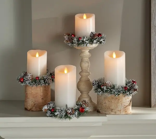 VALERIE PARR HILL Set Of 6 Snowy Jingle Bell & Pinecone Candle Ring Valerie