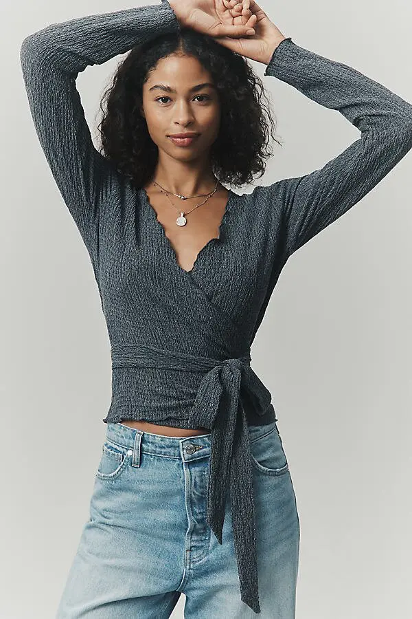 PILCRO Textured Wrap Knit Top - Charcoal