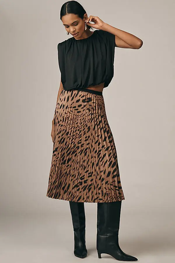 Sanctuary Nostalgia Pleated Midi Skirt - Brown Pattern