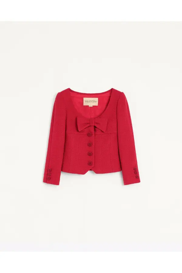 Valentino Garavani Plain Wool Tweed Short Jacket With Bow