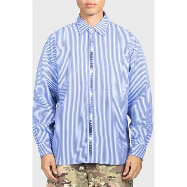 PLEASURES Impact Logo Stripe Cotton Blend Button-up Shirt