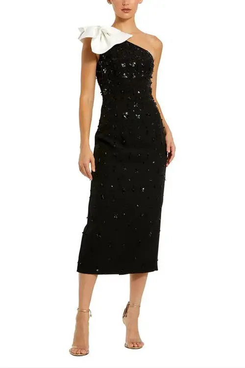 Mac Duggal Beaded One-shoulder Midi Dress With Bow