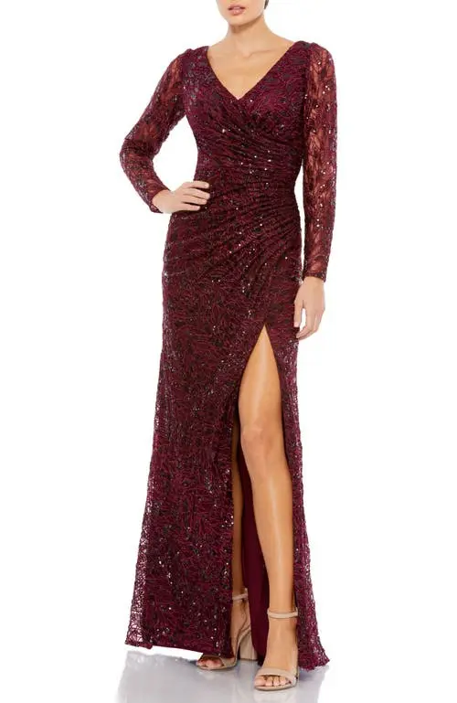 Mac Duggal Long Sleeve Sequined V-neck Gown - Garnet