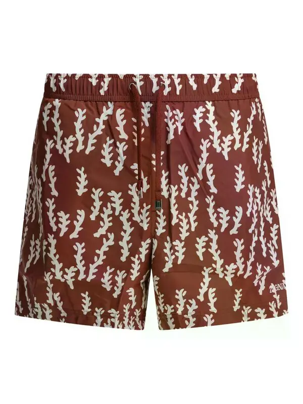Zegna Leaf-print Swim Shorts - Brown