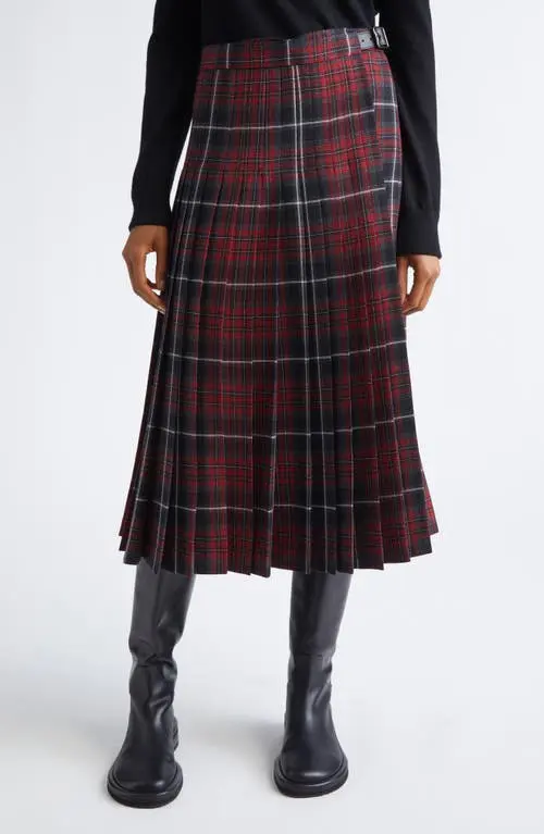 Burberry Tartan Pleated Midi Skirt - Cool Grey/cranberry Red Check