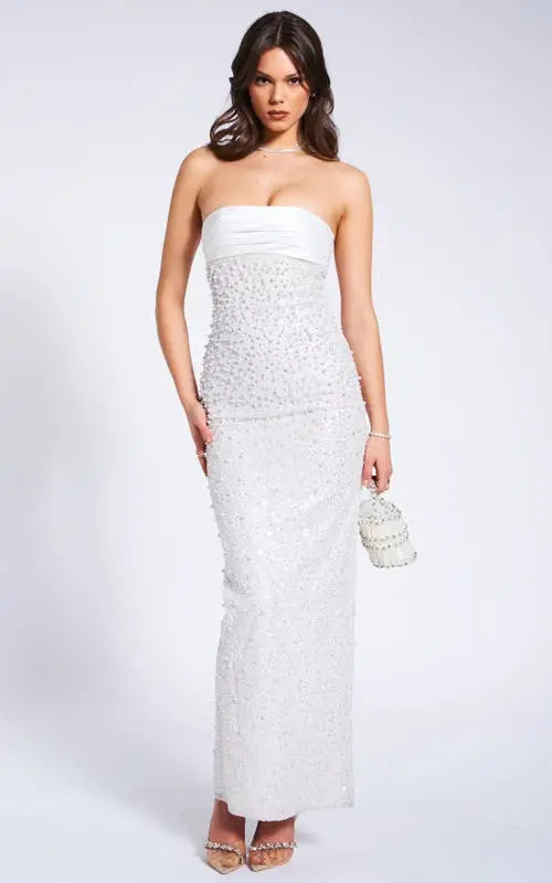 MISS CIRCLE Strapless Sequin And Pearl Beaded Maxi Dress