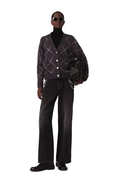 Maje Rhinestone Check Cardigan - Grey