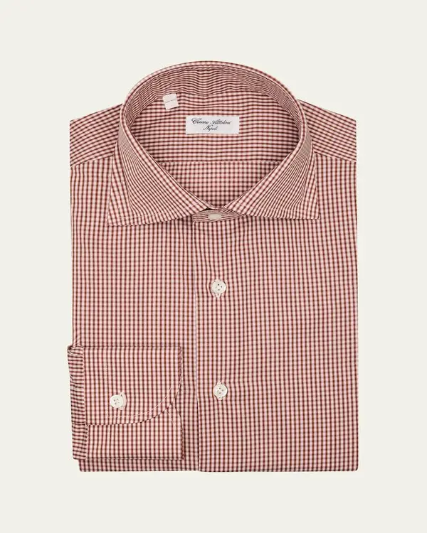 Cesare Attolini Cotton Micro-check Spread Collar Dress Shirt - Orange