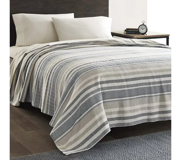 Eddie Bauer Herringbone Stripe Blue Cotton Twin Blanket