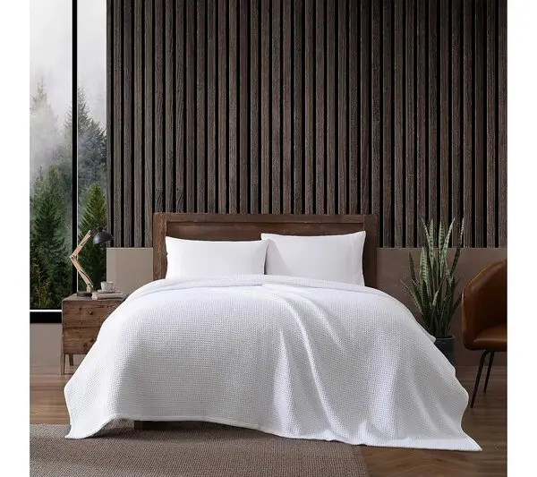 Eddie Bauer Solid Waffle White Cotton Full/quee N Blanket