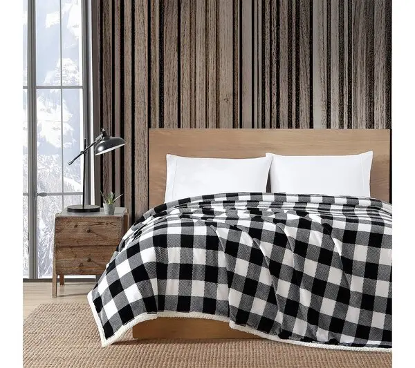 Eddie Bauer Cabin Plaid Black Plush Fleece King Blanket