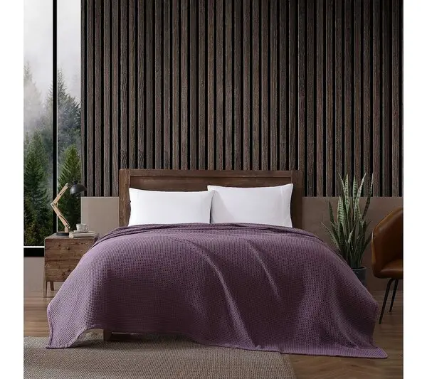 Eddie Bauer Solid Waffle Purple Cotton Full/que En Blanket