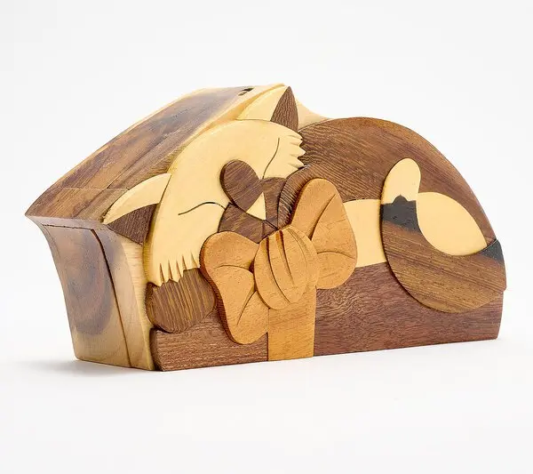CARVER DAN'S As Is Handcrafted Cat With Bowpuzzle Box