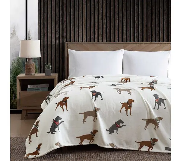 Eddie Bauer Dogs With Scarves Plush Fleece Full /queen Blanket