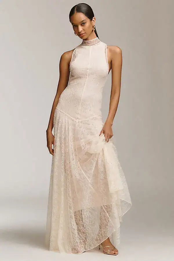 De La Vali Foehn High-Neck Lace Maxi Dress - Ivory - 19% Off | Editorialist