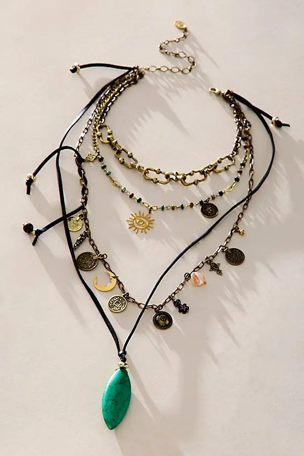 Free People Georgia Stone Layered Necklace - Black/malachite