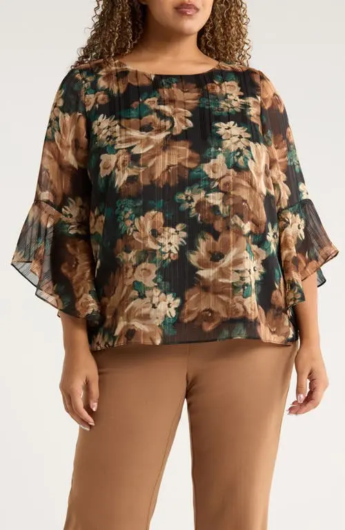 KASPER Metallic Floral Ruffle Sleeve Top - Evergreen Multi
