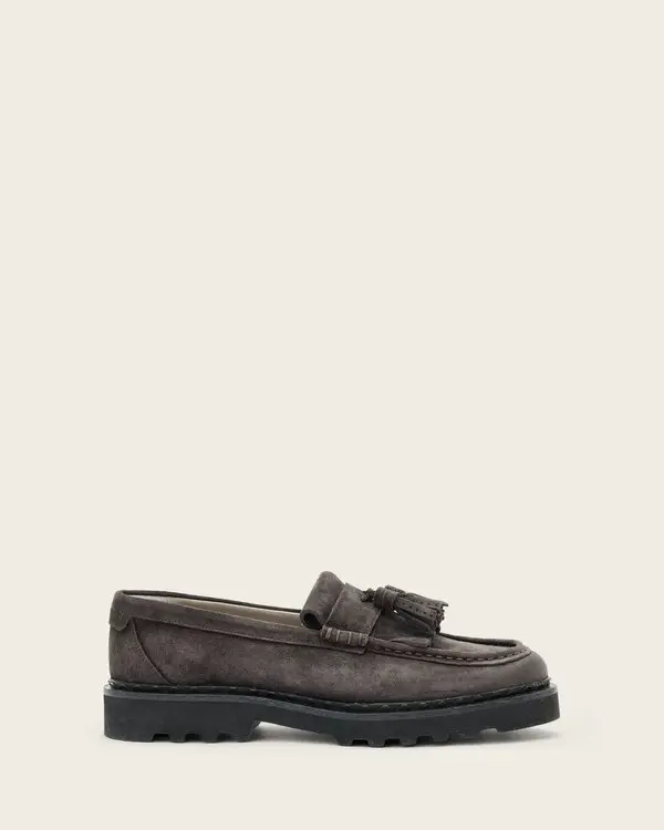 All Saints Skiff Suede Tassel Loafers - Warm Grey