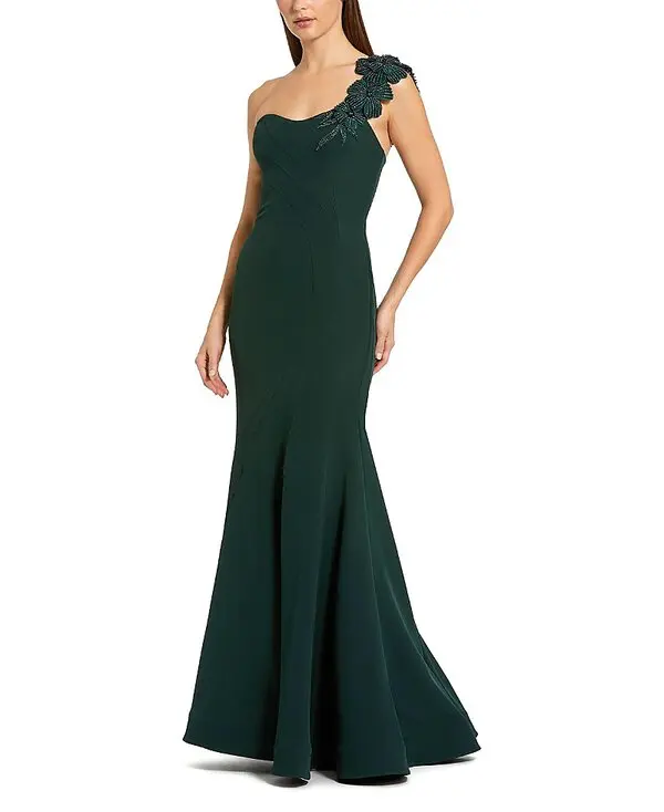 Mac Duggal Crepe One-shoulder Beaded Flower Mermaid Gown