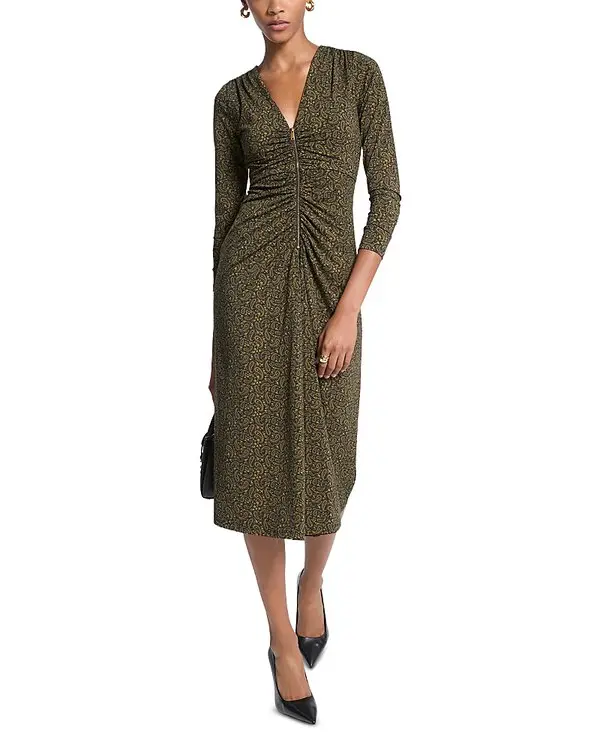 Michael Kors Zip Front Ruched Midi Dress