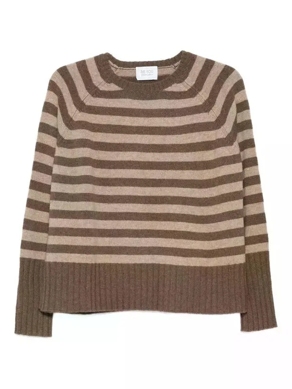 BEYOU Striped Round-neck Sweater - Brown