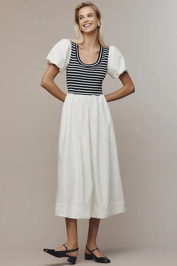 Maeve Puff-sleeve Striped Midi Dress