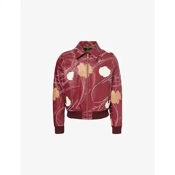 Amiri Floral-Embroidered Leather Jacket - Wine | Editorialist