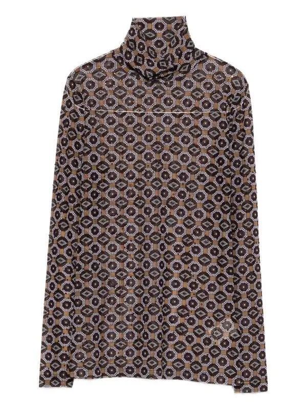 Dries Van Noten Printed Mesh Turtleneck Top - Brown