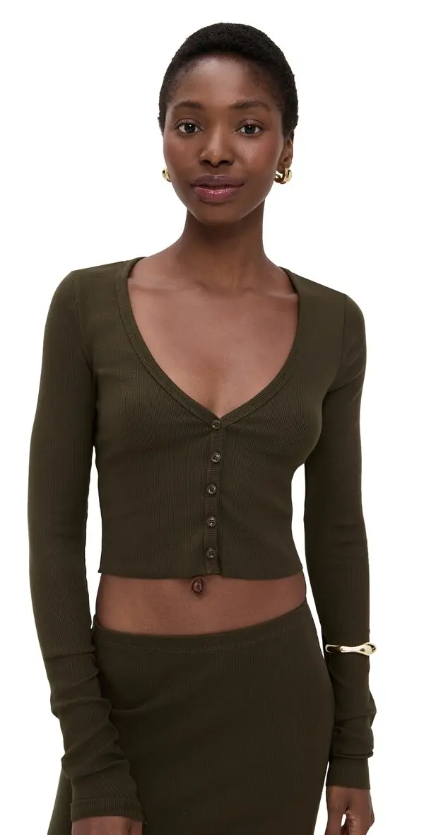 Eterne Ribbed Cropped Cardigan - Moss