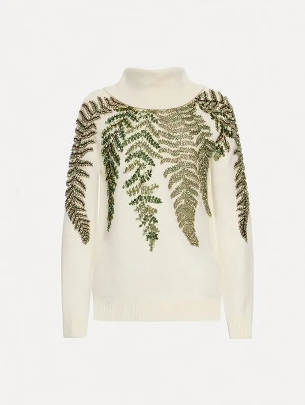 Oscar De La Renta Fern Crystal Embroidered Turtleneck - White