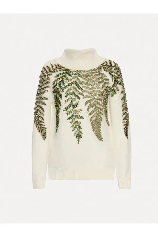 Oscar De La Renta Fern Crystal Embroidered Turtleneck