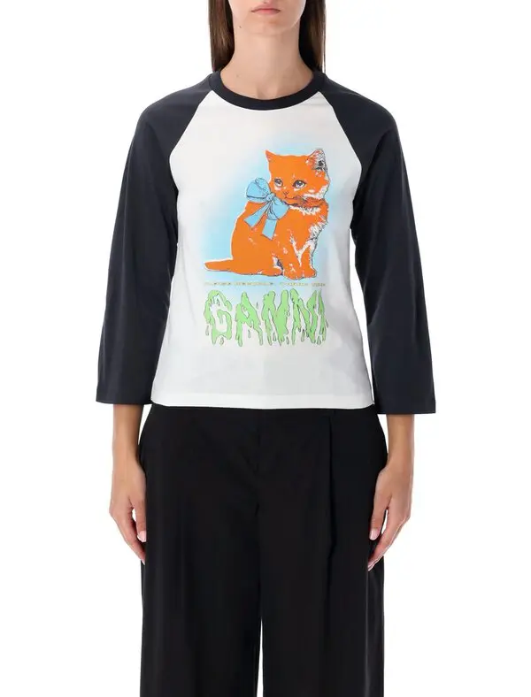 GANNI Cropped Kitty 3/4 Sleeve T-shirt