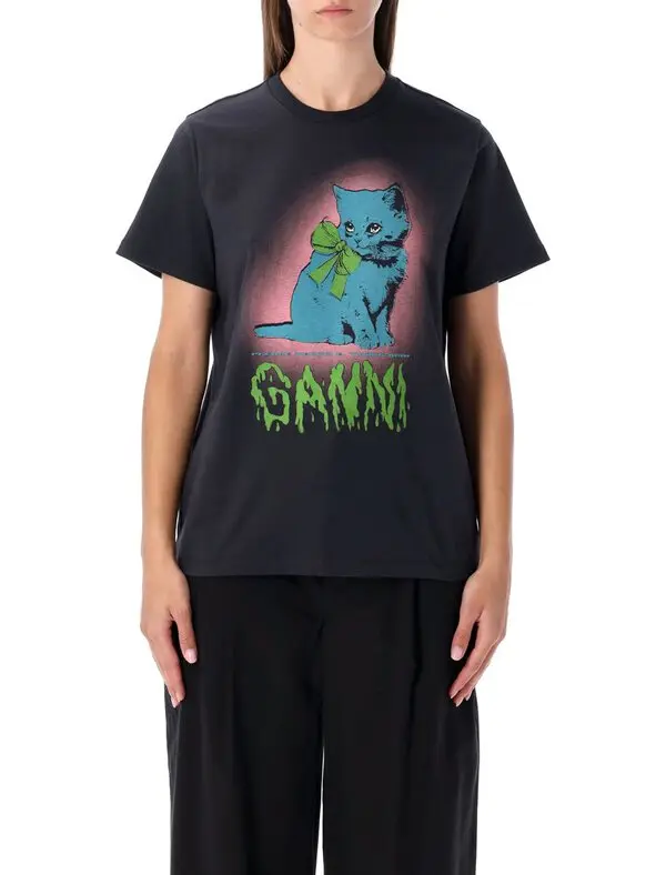GANNI Cotton Jersey T-shirt With Kitty Graphic