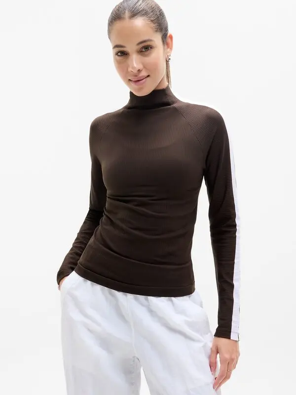 Athleta Seamless Mock Neck Top - Truffle/white