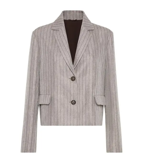 Brunello Cucinelli Techno Linen Stripe Cropped Blazer - Brown