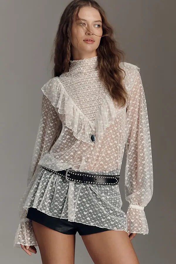 Maeve Long-sleeve Sheer Mesh Tunic Top - Eggnog